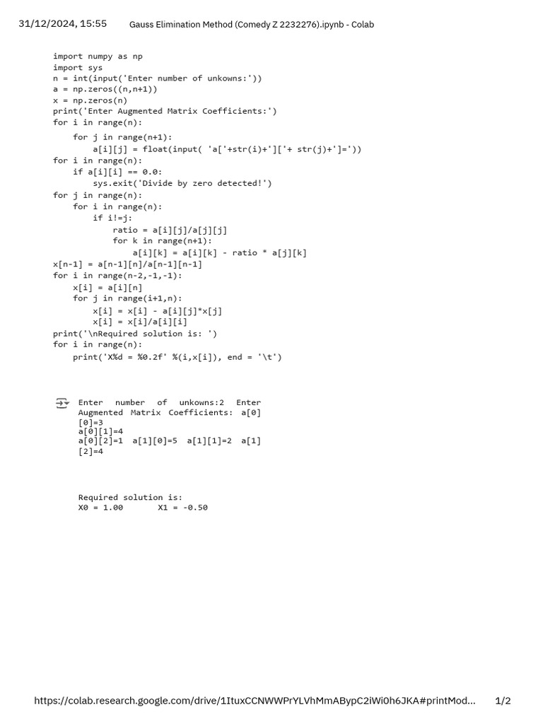Gauss Elimination Method (Gwasunda 2232292) .Ipynb - Colab - PDF - 20250103 - 084328 - 0000 | PDF