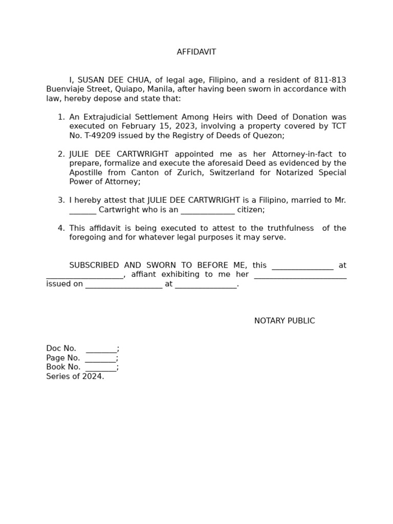AFFIDAVIT - SUSAN DEE CHUA - Julie Cartwright | PDF