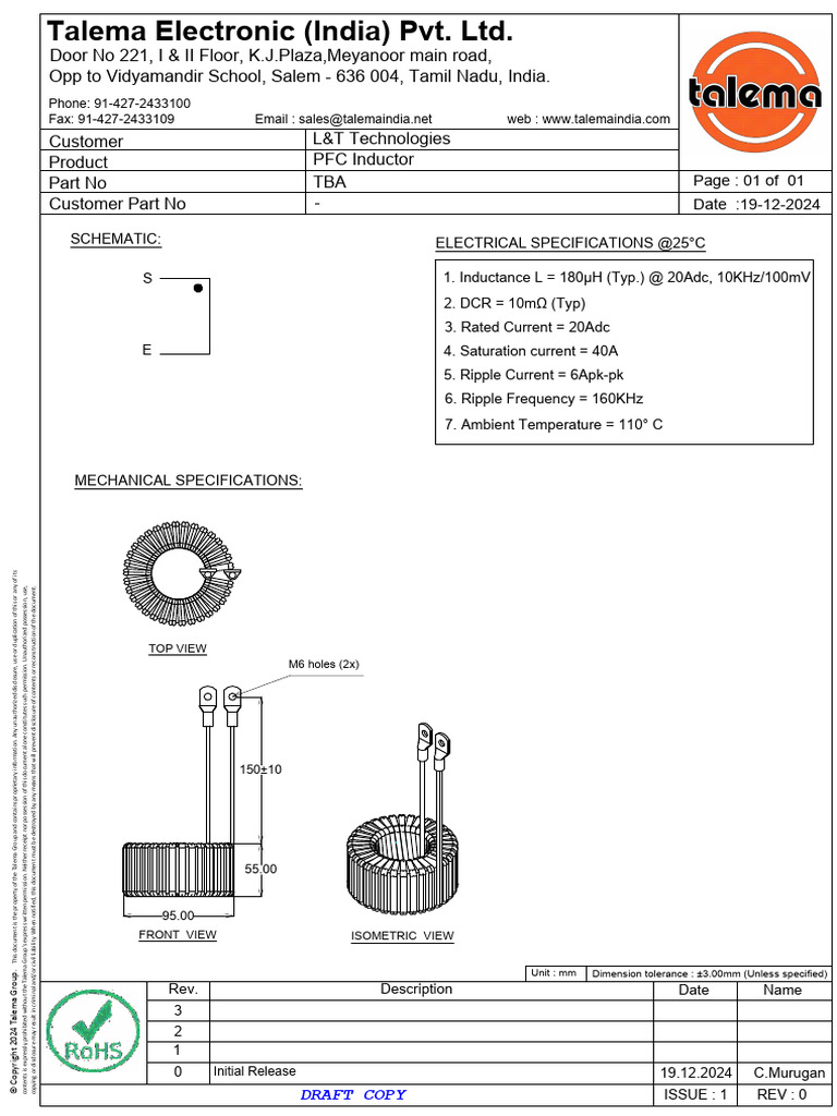 Data Sheet-Proposal-180µH-20A-160KHz-PFC-L&T | PDF | Electrical Engineering