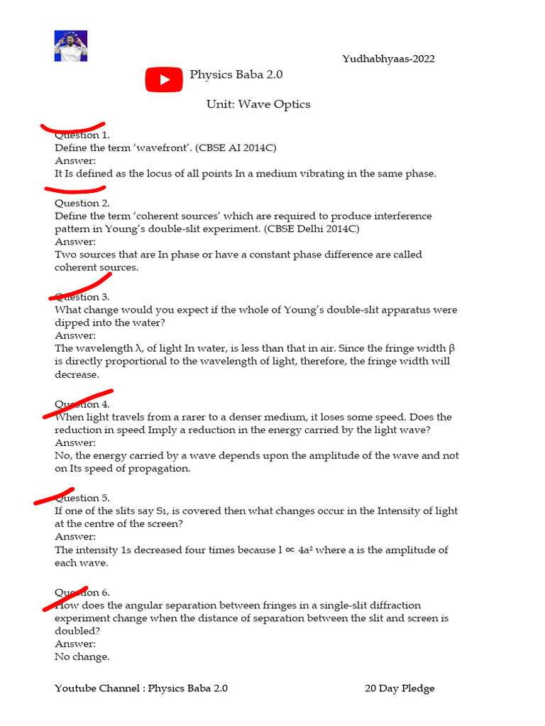 Answers Wave Optics | PDF | Diffraction | Wavelength