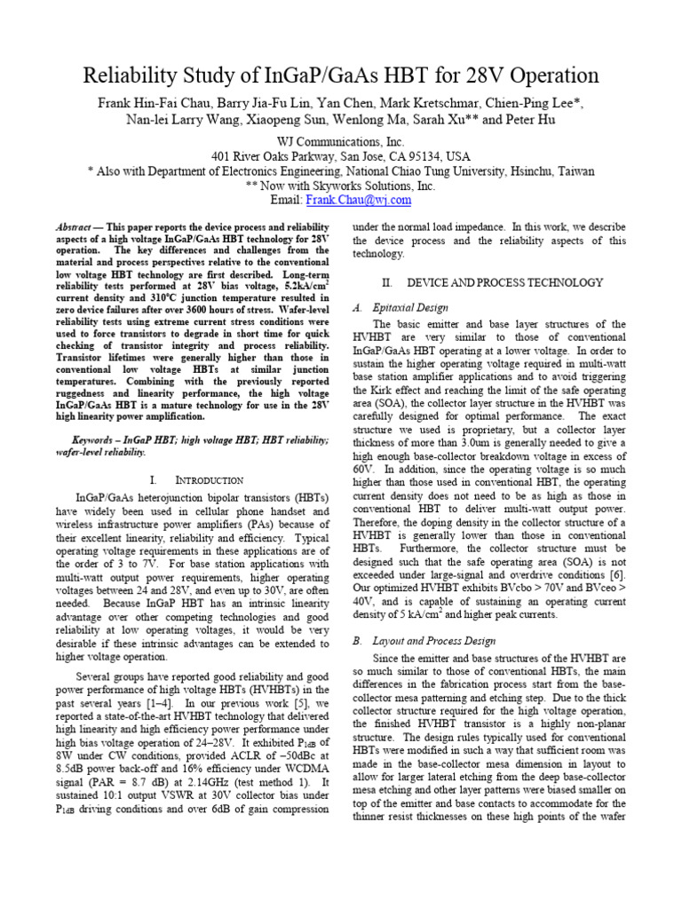 InGaP/GaAs HBT Reliability at 28V | PDF | Transistor | Amplifier