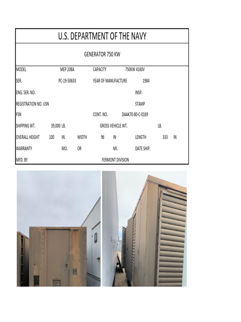 U.S. Department OF THE Navy: Generator 750 KW | PDF
