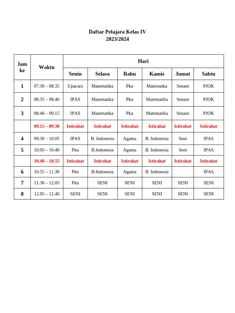 JADWAL KELAS 4 | PDF