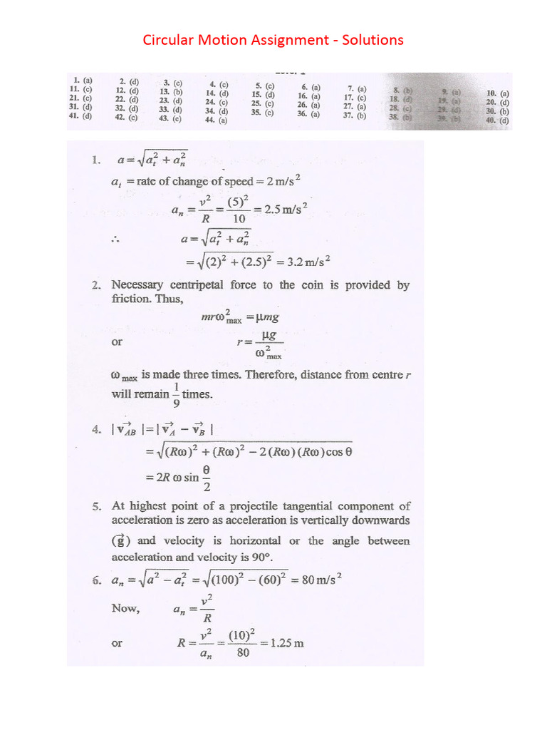 Circular Motion Assignment - Solutions | PDF