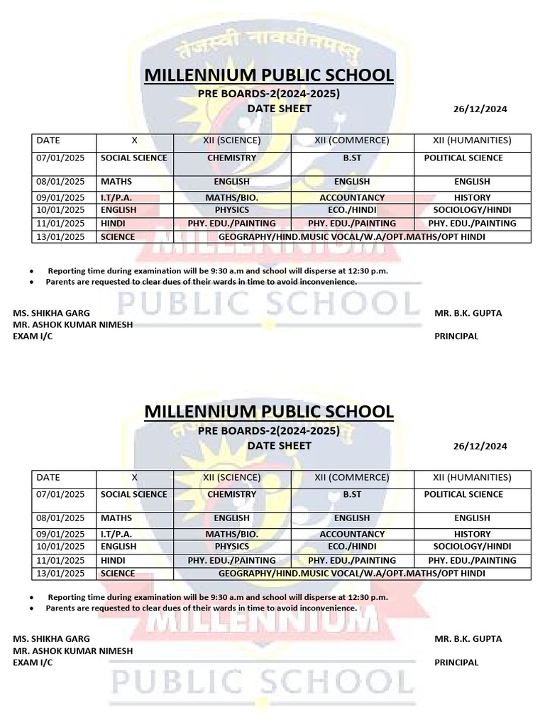 PRE BOARD 2 date sheet | PDF