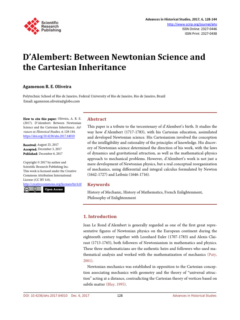 D Alembert Between Newtonian Science and | PDF | Force | Classical ...