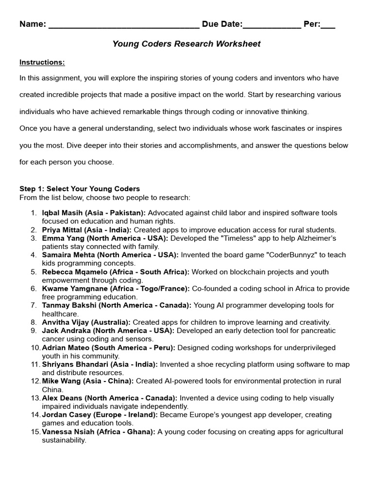 Young Coders Research Worksheet | PDF | Invention | Programmer