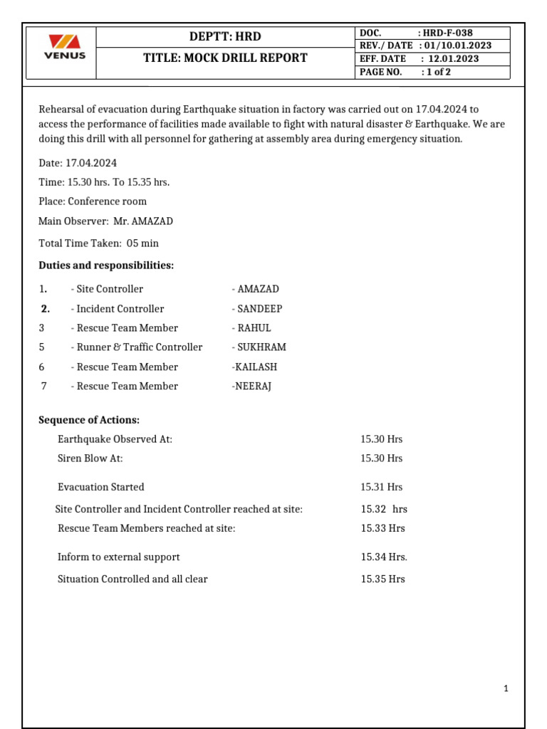 Earthquake Mock Drill Report 2024 | PDF | Earthquakes | Disasters