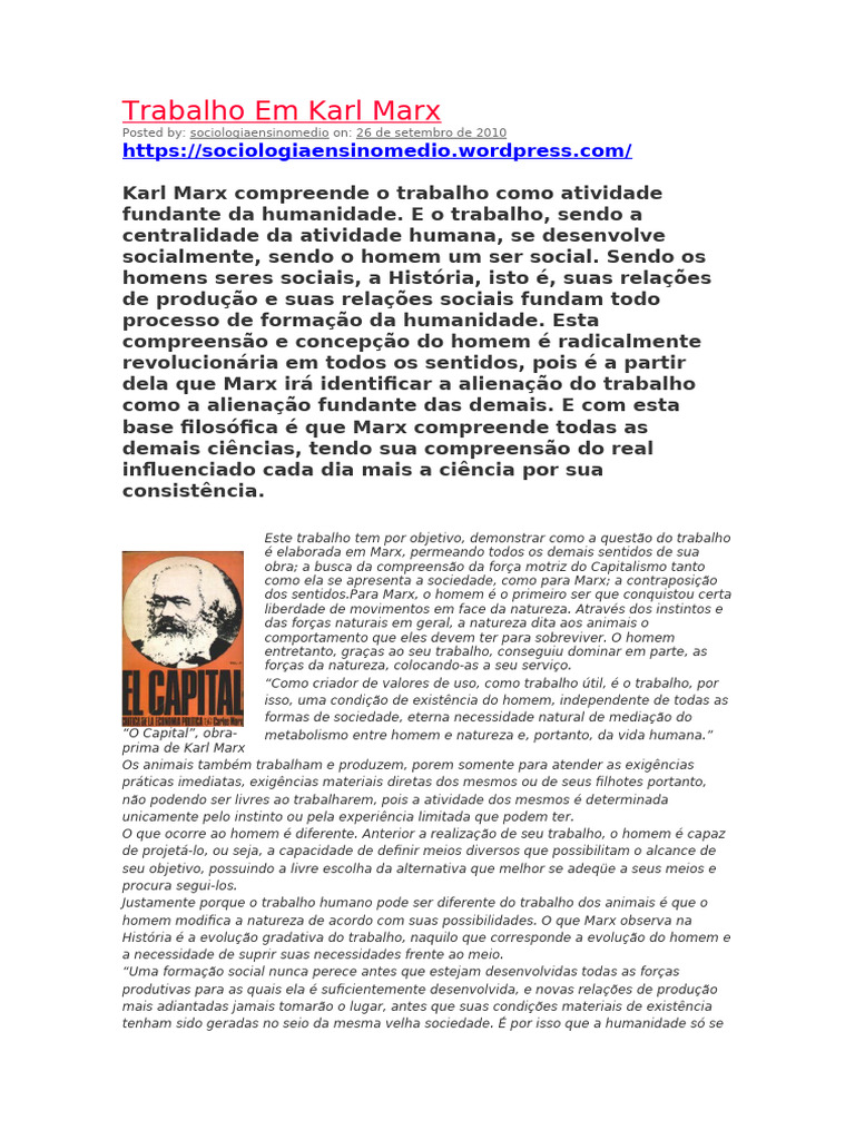 Trabalho Em Karl | PDF | Karl Marx | Mercado (economia)