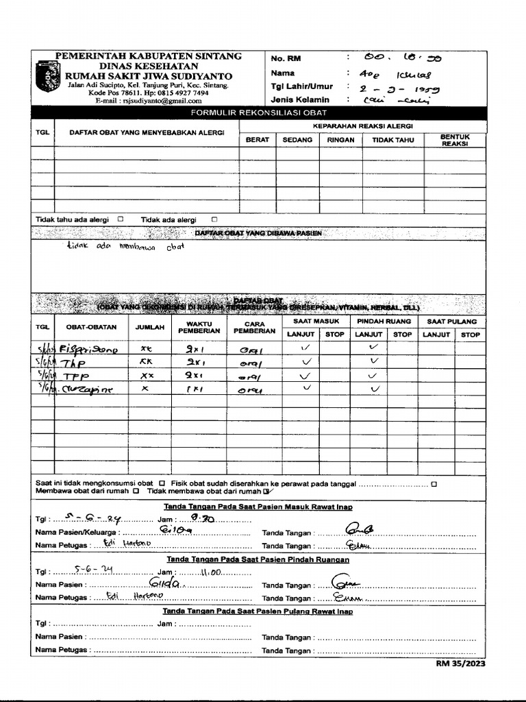 FORM REKONSILIASI OBAT | PDF