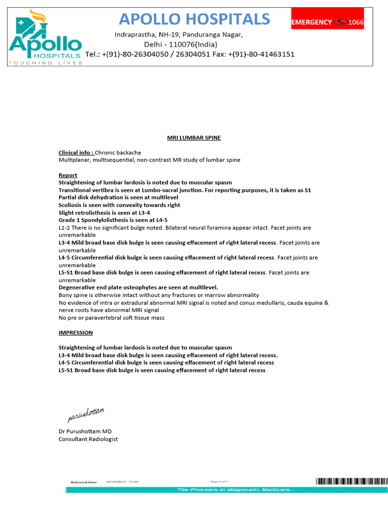Edited MRI Report With Prescription | PDF | Back Pain | Vertebral Column