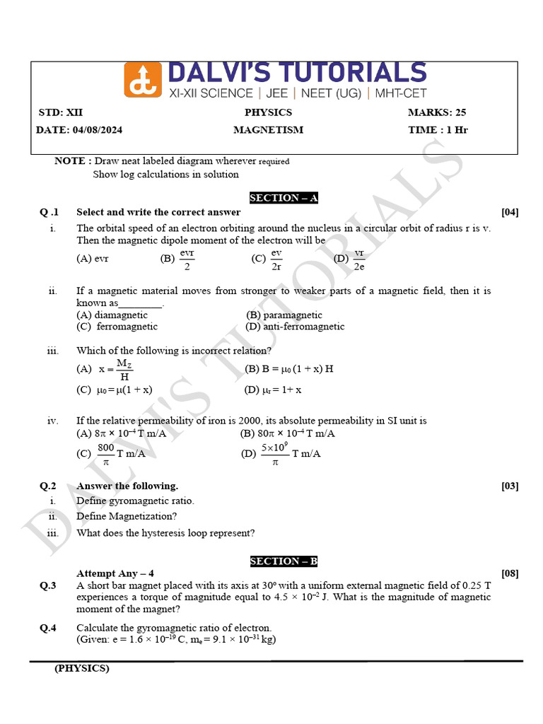 Xiith Theory - Magnetism - 25 Mark - 04.08.2024 | PDF | Magnetism | Magnet