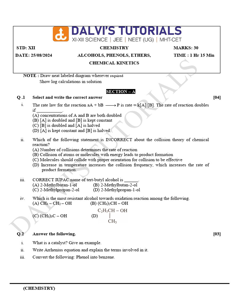 Xiith Chemistry Theory Paper - Alcohols, Phenols, Ethers and Chemical ...