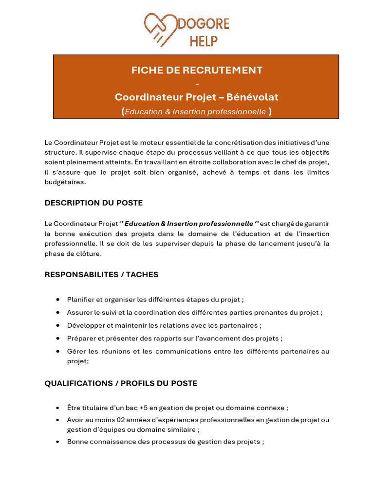 Coordinateur Projet Éducation & Insertion | PDF | Gestion de projet