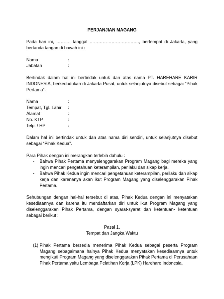 Draft Perjanjian Magang | PDF