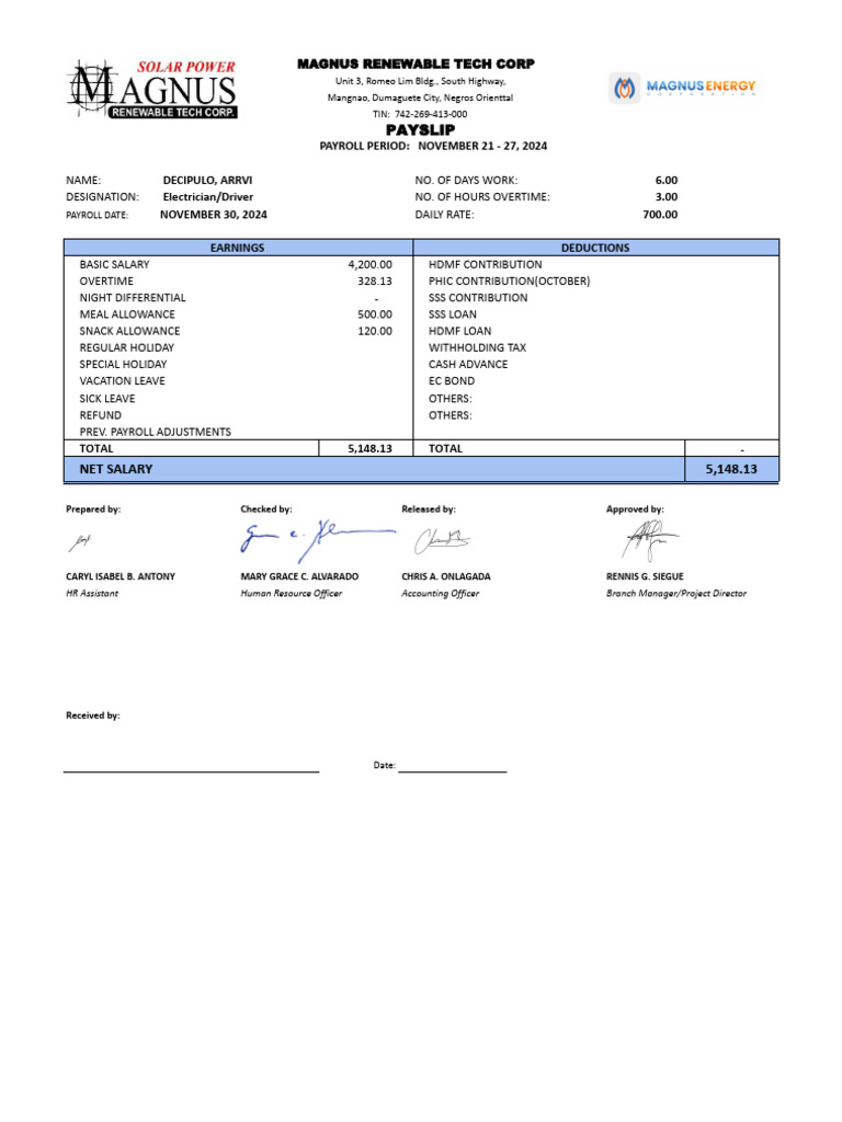 SITE PAYSLIPS NOVEMBER 21 27 2024.xlsx DECIPULO ARRVI | PDF | Payroll | Labor