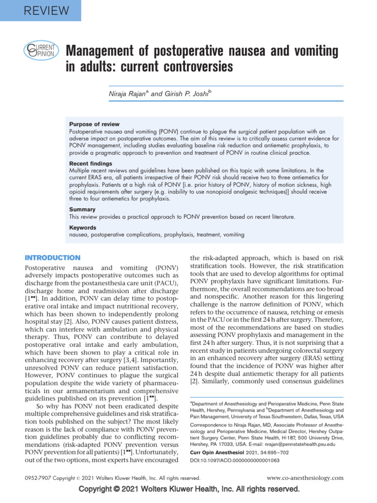 PONV Management: Current Strategies and Controversies | PDF | Diseases ...
