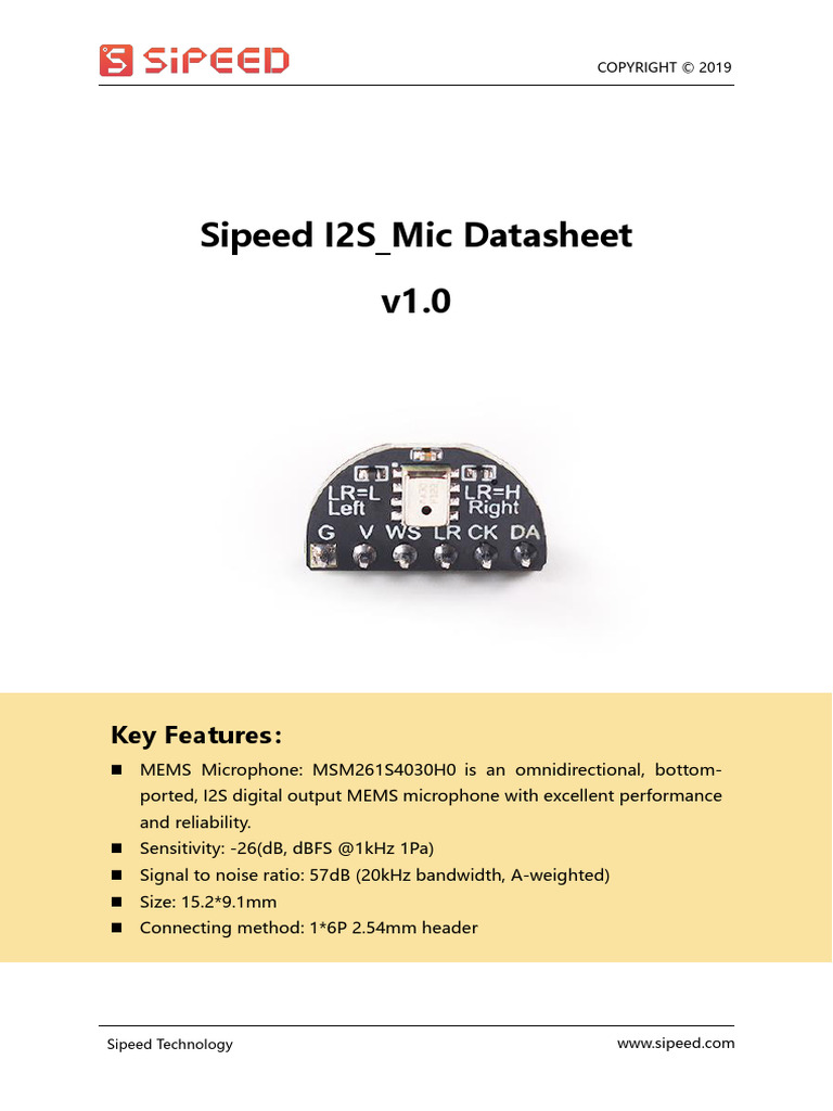 Sipeed I2S_Mic Datasheet V1.0 | PDF | Microphone | Audio Engineering