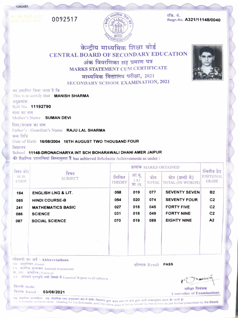 10th Marksheet of Manish Sharma | PDF | Educational Stages | Secondary ...