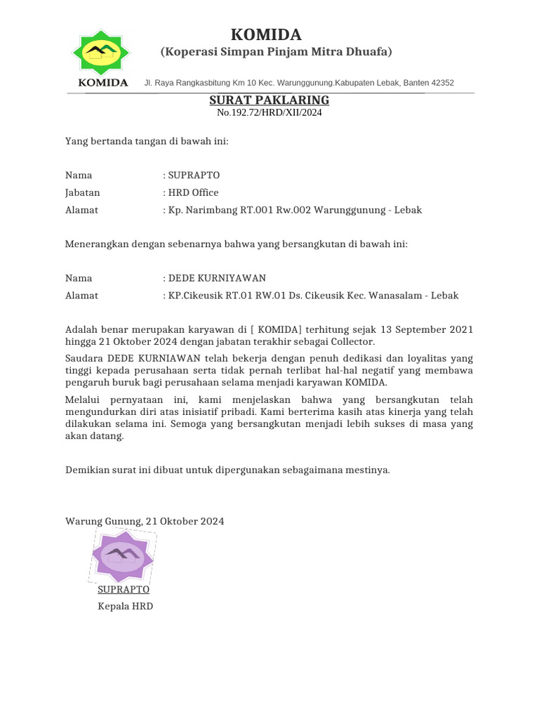 Contoh-Surat-Paklaring | PDF