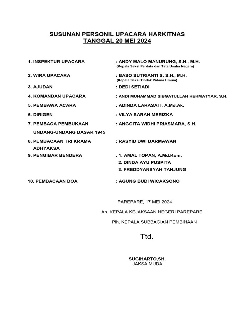 Susunan Personil Dan Susunan Acara Upacara Harkitnas Tahun 2024 | PDF