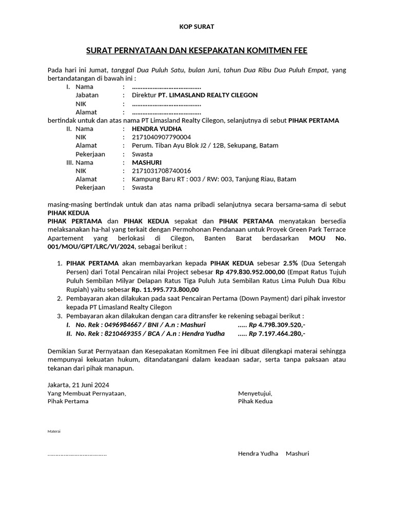 Surat Pernyataan Komitmen FEE | PDF