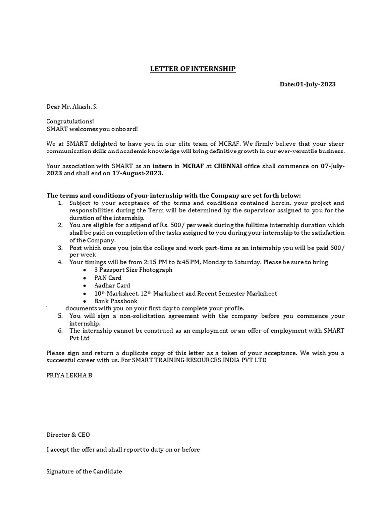 SMART Letter of Internship AKASH | PDF