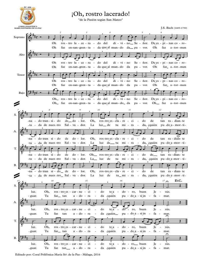 ¡Oh, Rostro Lacerado! - J. S. Bach 030 | PDF | Composiciones corales ...