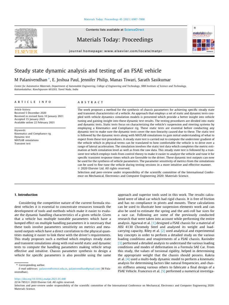 2021 Steady State Dynamic Analaysis and Testing of An FSAE Vehicle ...
