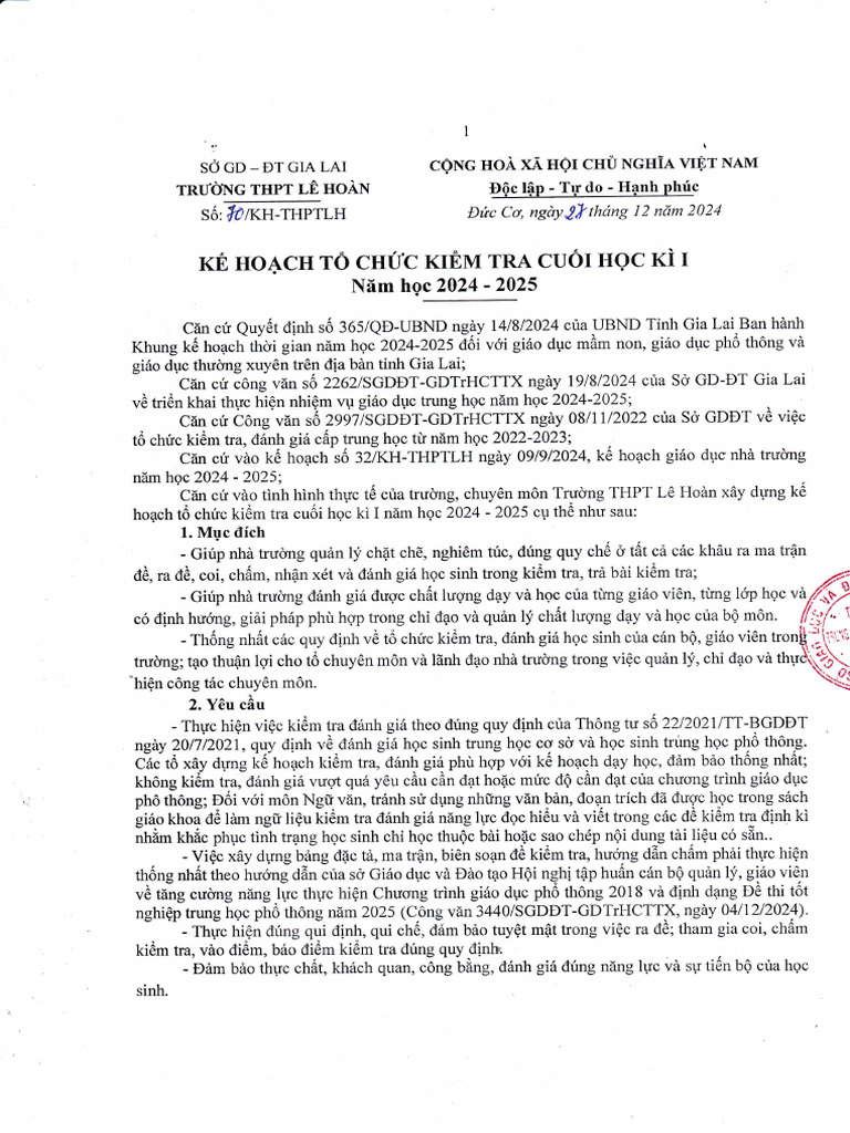 70 Ke Hoach To Chuc Kiem Tra Cuoi HKI Nam Hoc 2024-2025 f0787 | PDF