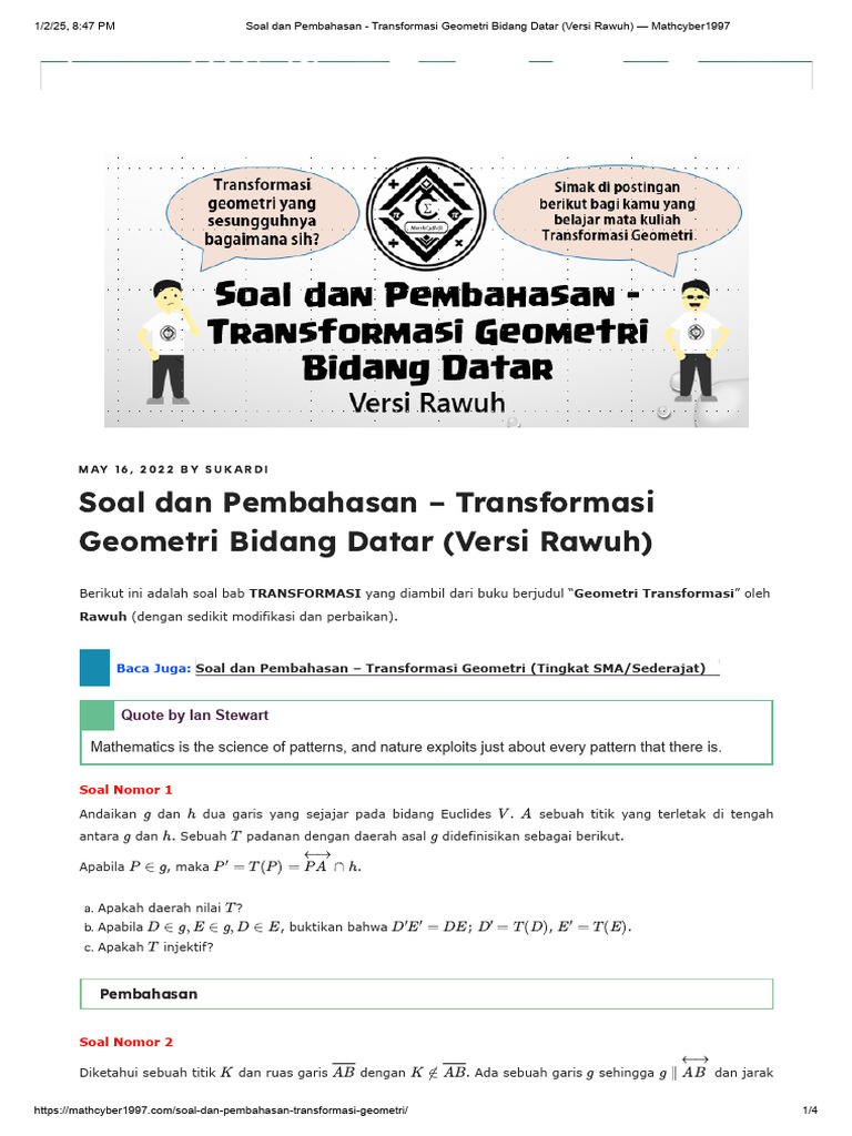 Soal Dan Pembahasan - Transformasi Geometri Bidang Datar (Versi Rawuh) - Mathcyber1997 | PDF