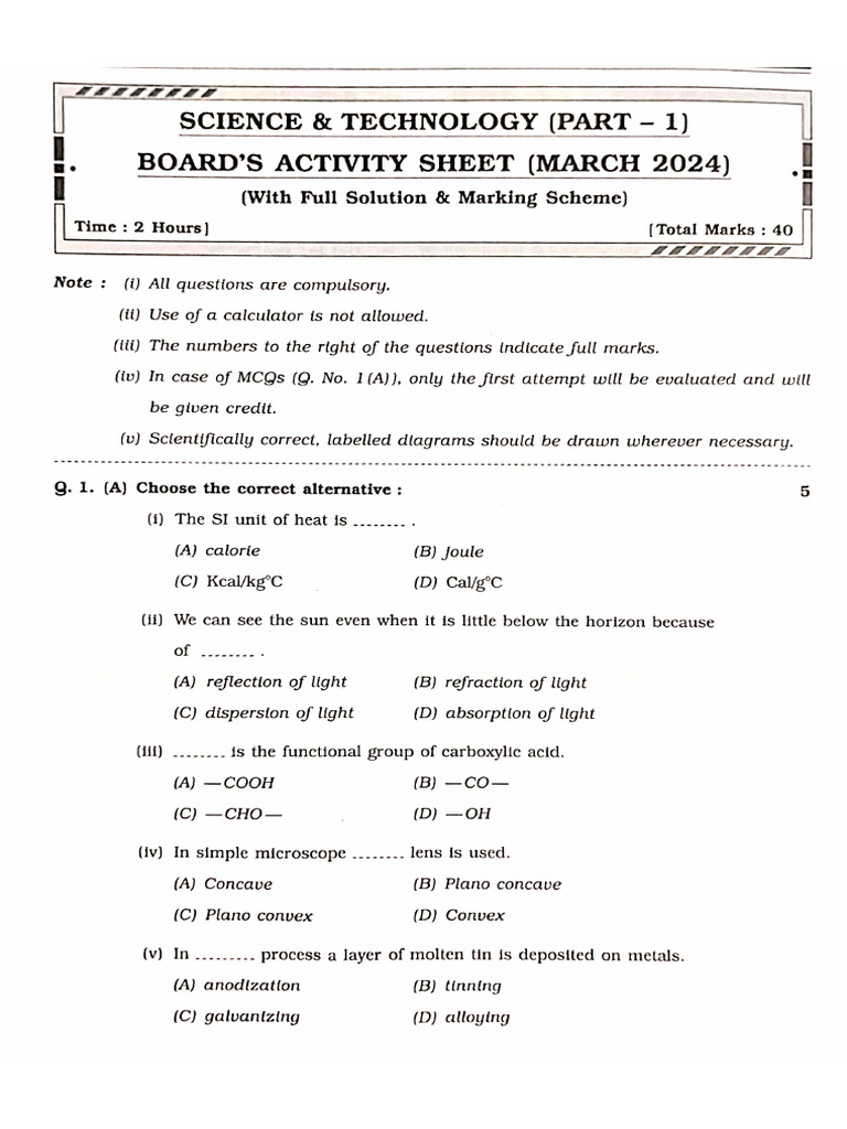 Science A Question Paper With Ans 2024 | PDF