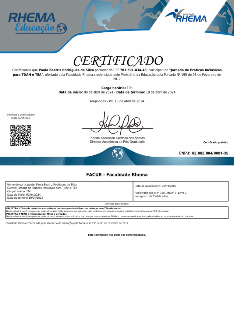 Certificado Jornada de Práticas Inclusivas para TDAH e TEA | PDF