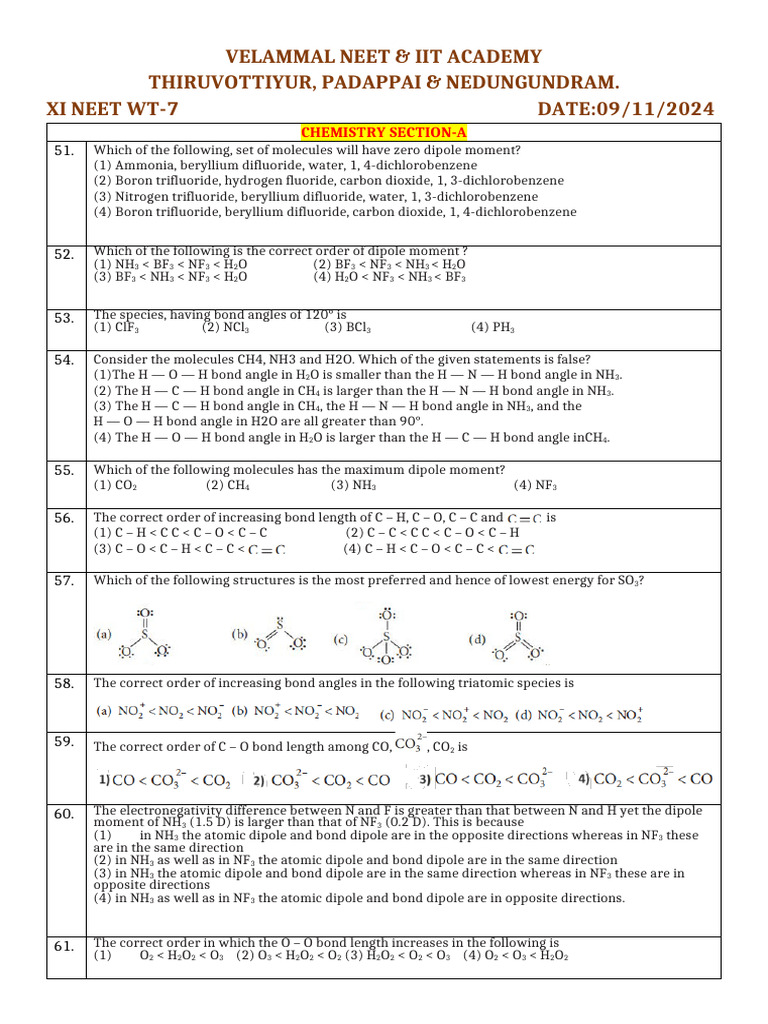 NEET WT-7 (Bond parameters ,VBT, VSEPR) (1) | PDF | Chemical Bond | Covalent Bond