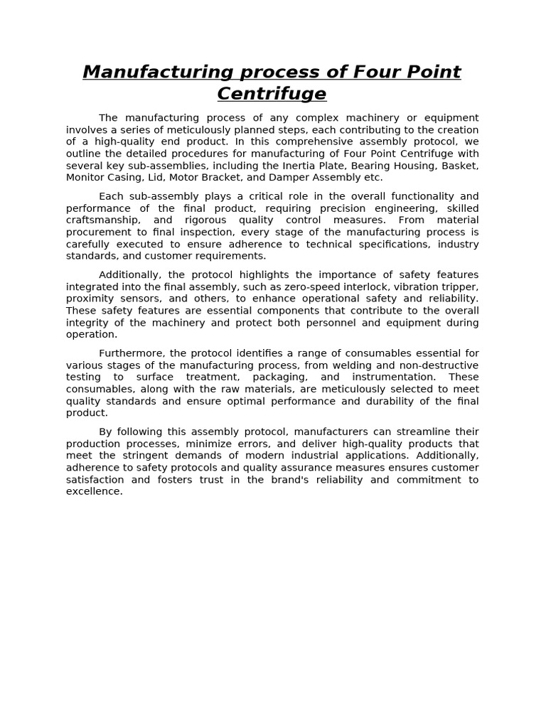 Centrifuge Assembly Production Process | PDF | Welding | Construction