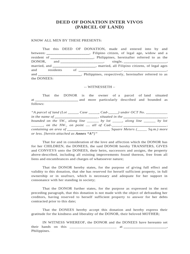 Deed of Donation Inter Vivos | PDF | Land Lot | Civil Law (Common Law)