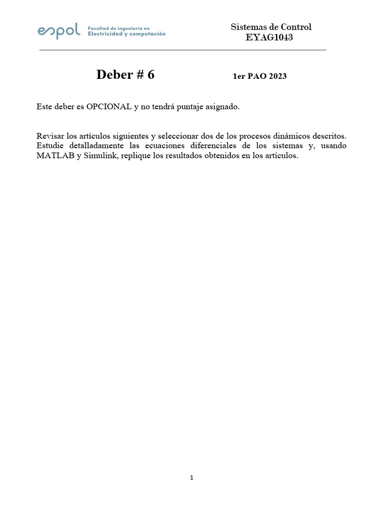 Deber 6 Sistemas de Control 2T2024 | PDF