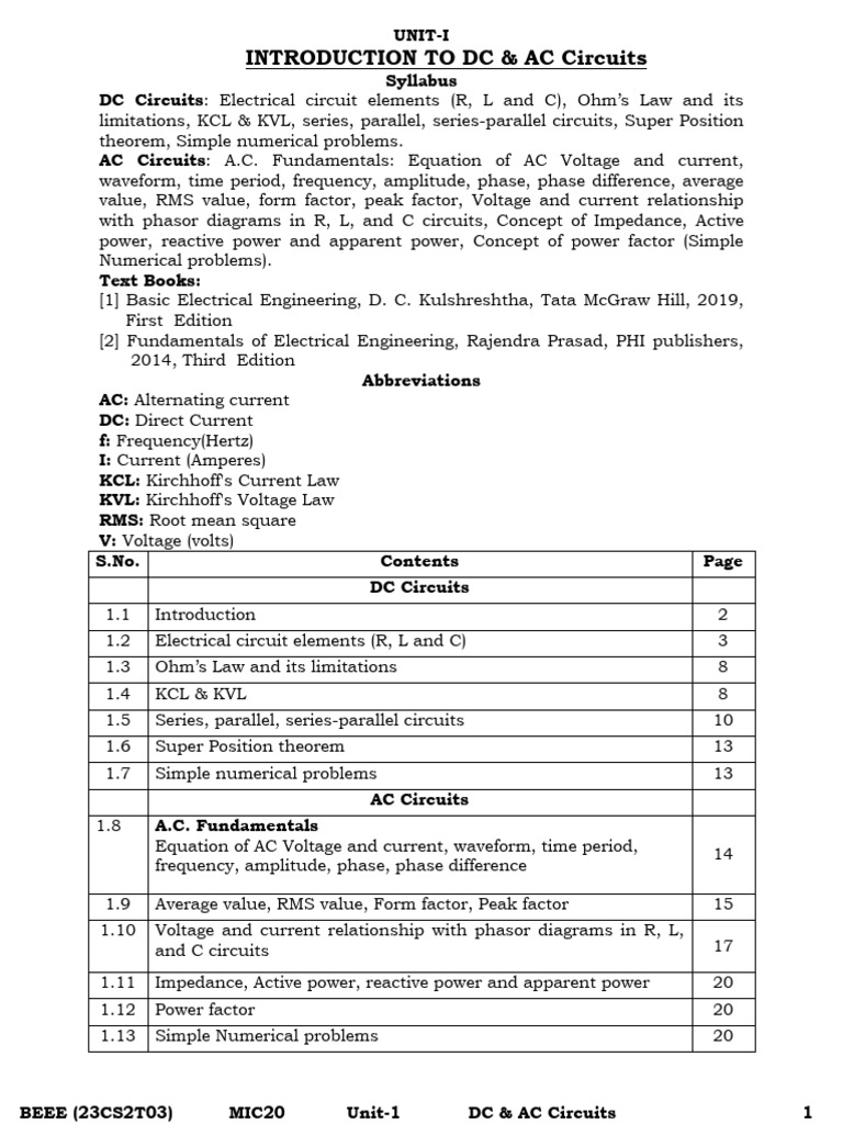 BEEE-Unit-1 DC & AC Circuits | PDF | Ac Power | Electrical Network