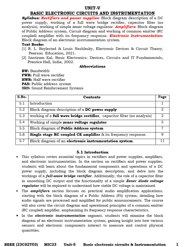 BEEE-Unit-5 Basic Electronic Circuits and Instrumentation | PDF | Rectifier | Amplifier