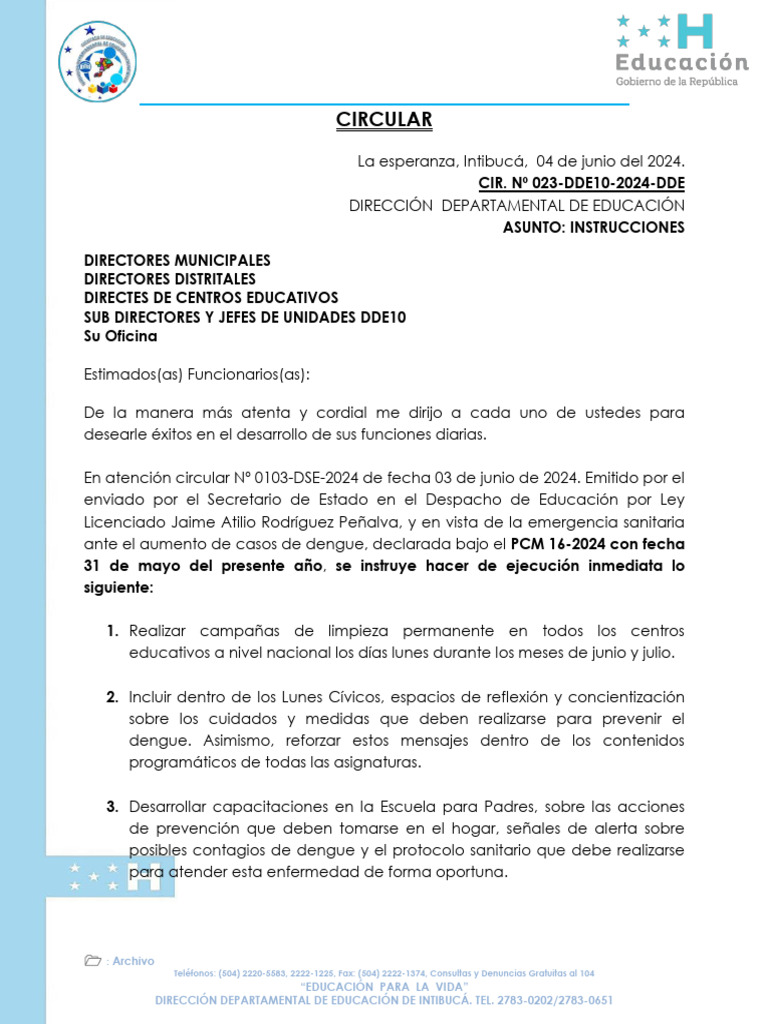 Circular #023 Jefes de Unidades Directores M. Directores D. Directores de Centros Educativos. | PDF