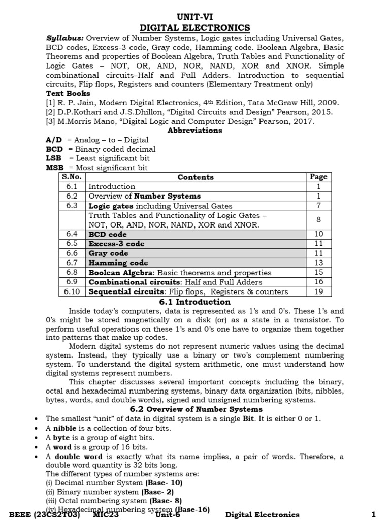 BEEE-Unit-6 Digital Electronics | PDF | Logic Gate | Binary Coded Decimal