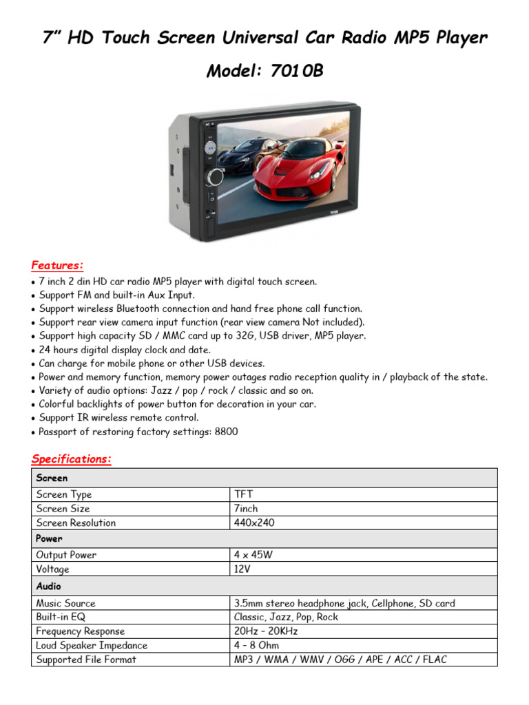 SUOKULA 7010B Car Radio MP5 Player User Manual | PDF
