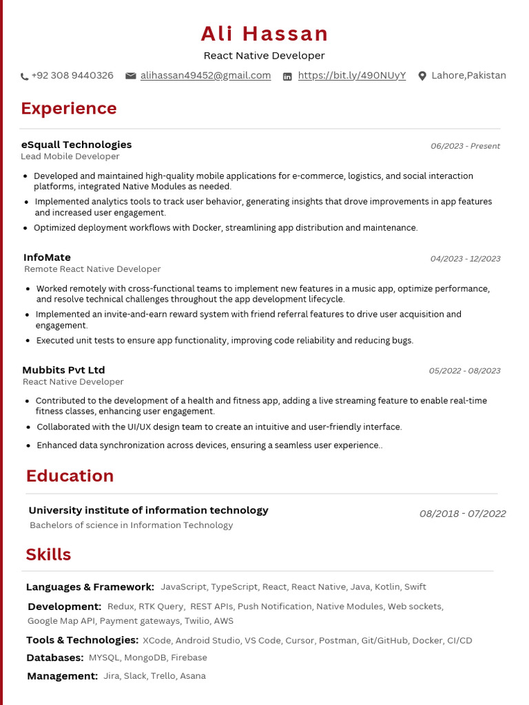 Ali Hassan (React Native Developer) | PDF