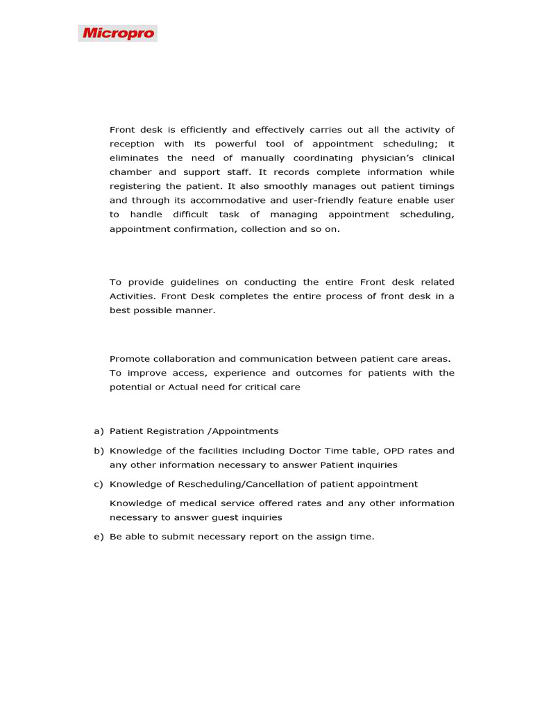 Front Desk SOP for Patient Registration | PDF | Patient | Health Care