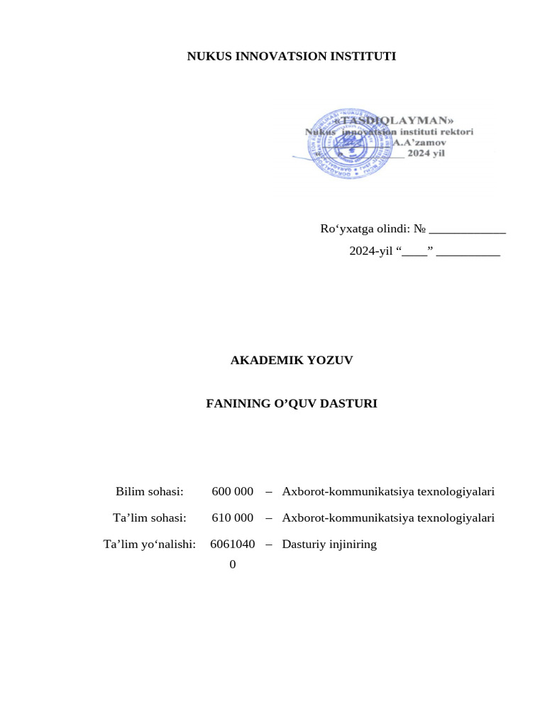 Akademik Yozuv Fan Dasturi DI | PDF