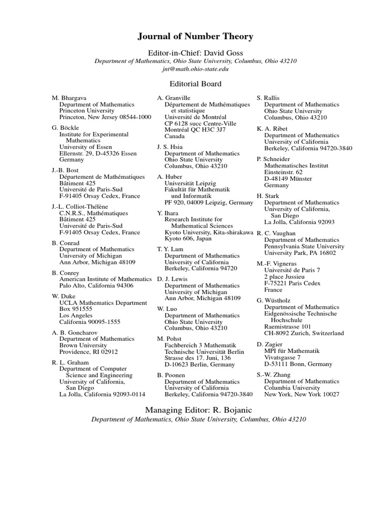 Editorial Board - 2003 - Journal of Number Theory | PDF | Mathematics