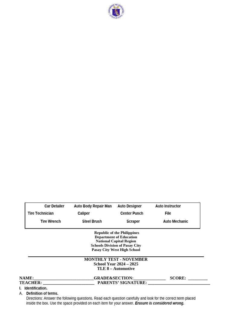 TLE 8 Automotive November Test | PDF | Auto Mechanic | Vehicles