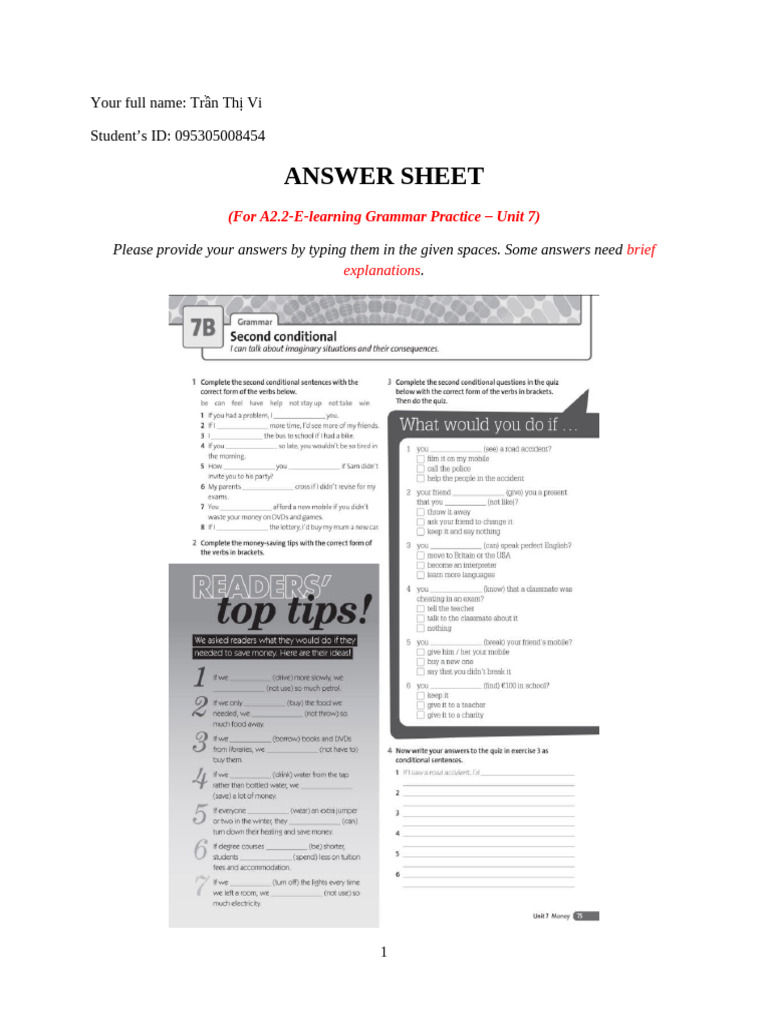 A2.2-E-learning Grammar Practice - Unit 7 (Answer Sheet) | PDF