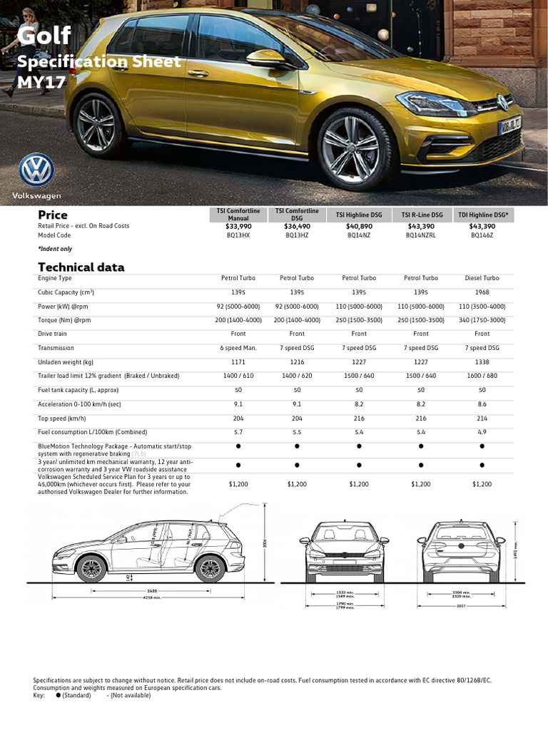 VW Golf Spec Sheet My17 | PDF | Vehicles | Off Road Vehicles