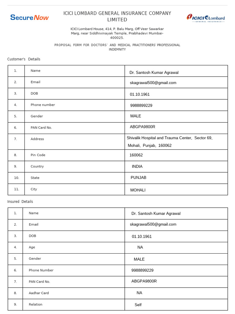 Dr. Santosh Kr. Agrawal ICICI Proposal SecureNow | PDF | Insurance | Financial Services